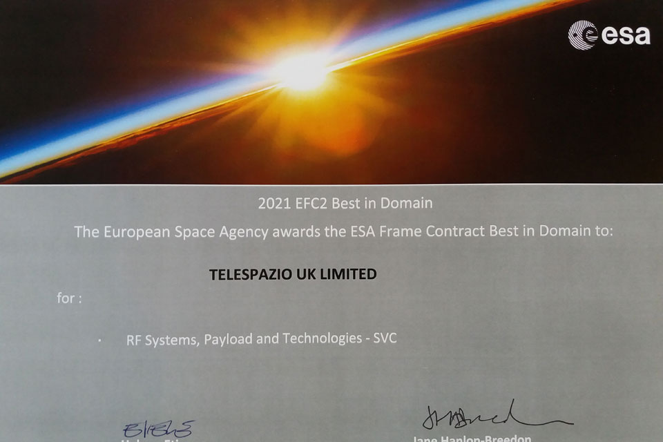 Telespazio UK recognised with ESA's 2021 ‘Best in Domain’ award | Telespazio in the UK